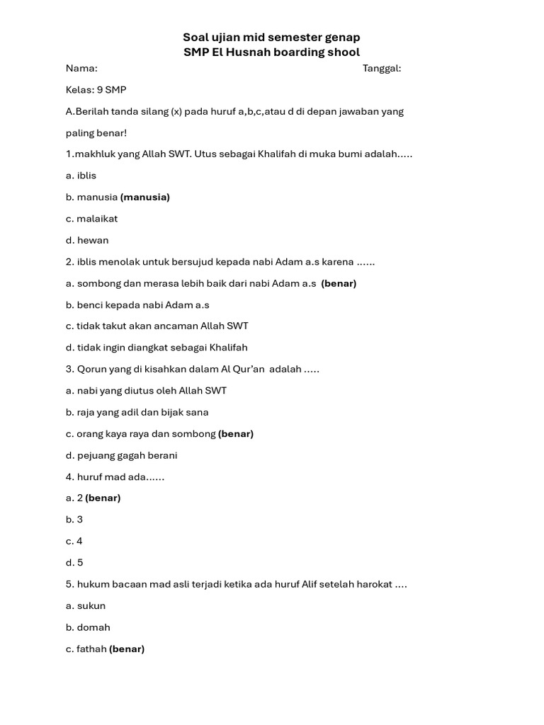 Soal Ujian Mid Genap Kelas 9 | PDF