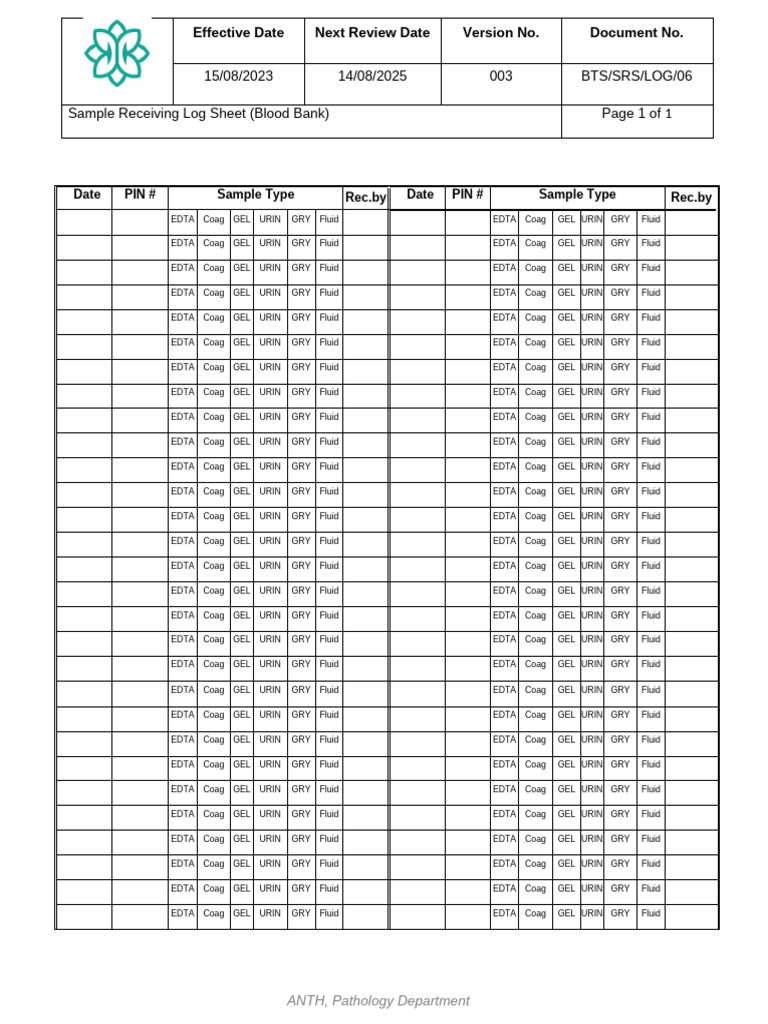 Sample Receiving Log Sheet Blood Bank | PDF | Medical Specialties ...