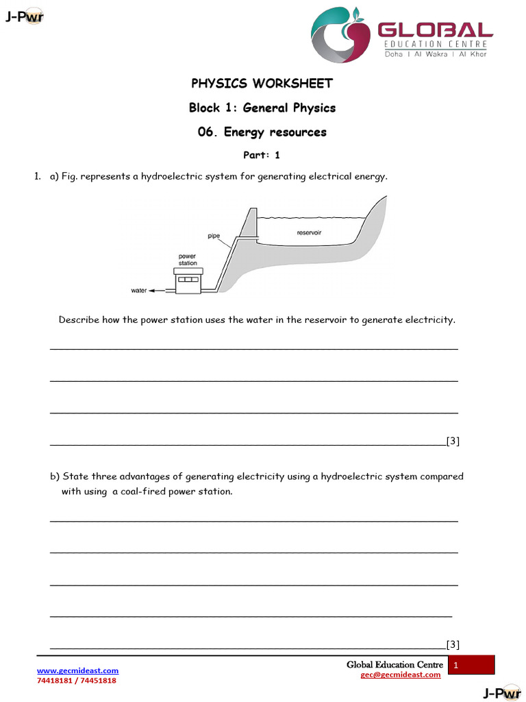 Energy Resources Worksheet 1 | PDF | Power Station | Energy Technology