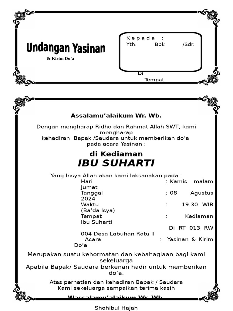 Undangan Yasinan dan Do'a 8 Agustus | PDF