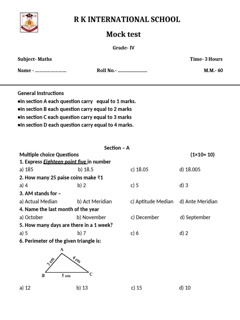 Grade 4 Maths Mock Test Paper | PDF