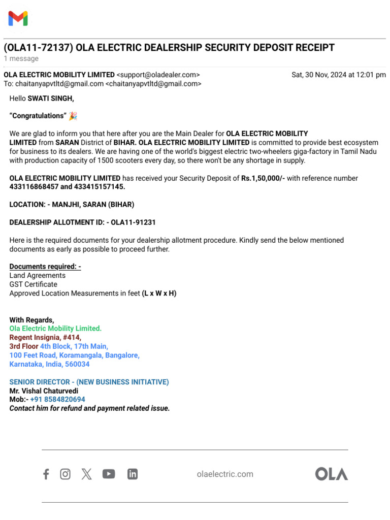 Gmail - (Ola11-72137) Ola Electric Dealership Security Deposit Receipt ...