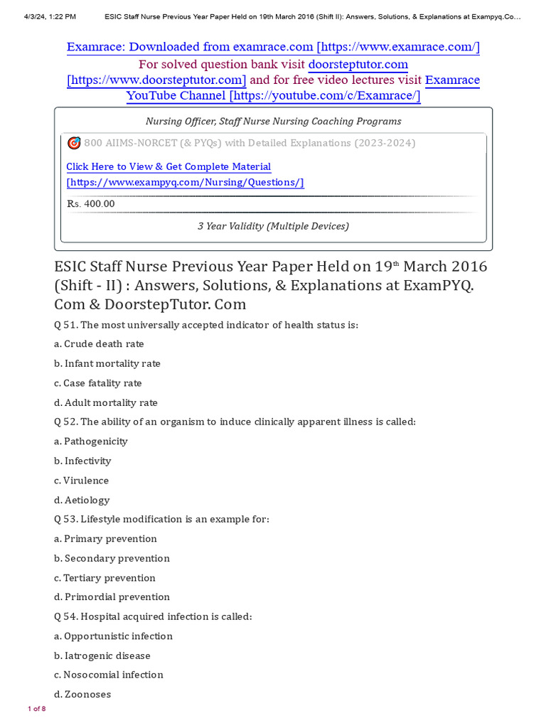 ESIC Staff Nurse Previous Year Paper Held On 19th March 2016 Shift II ...