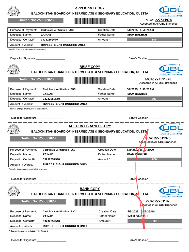Balochistan SSC Certificate Payment Receipt | PDF | Banking