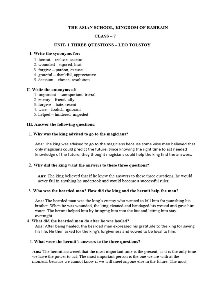 Grade 7 Unit-1 Three Questions | PDF