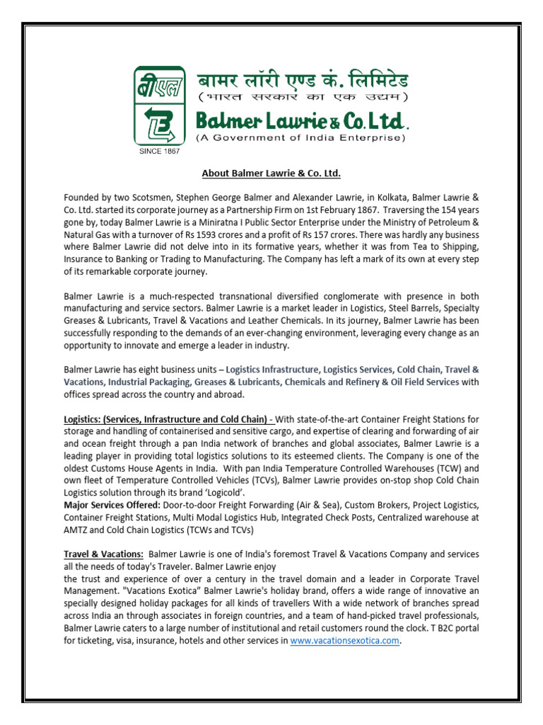 Balmer Lawrie & Co. Ltd: Company Overview | PDF | Logistics | Economies