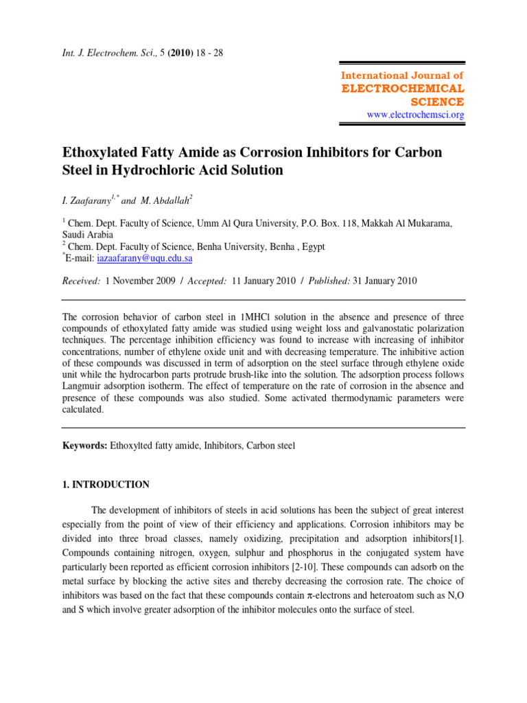 Ethoxylated Fatty Amide As Corrosion Inhibitors For Carbon Steel in ...