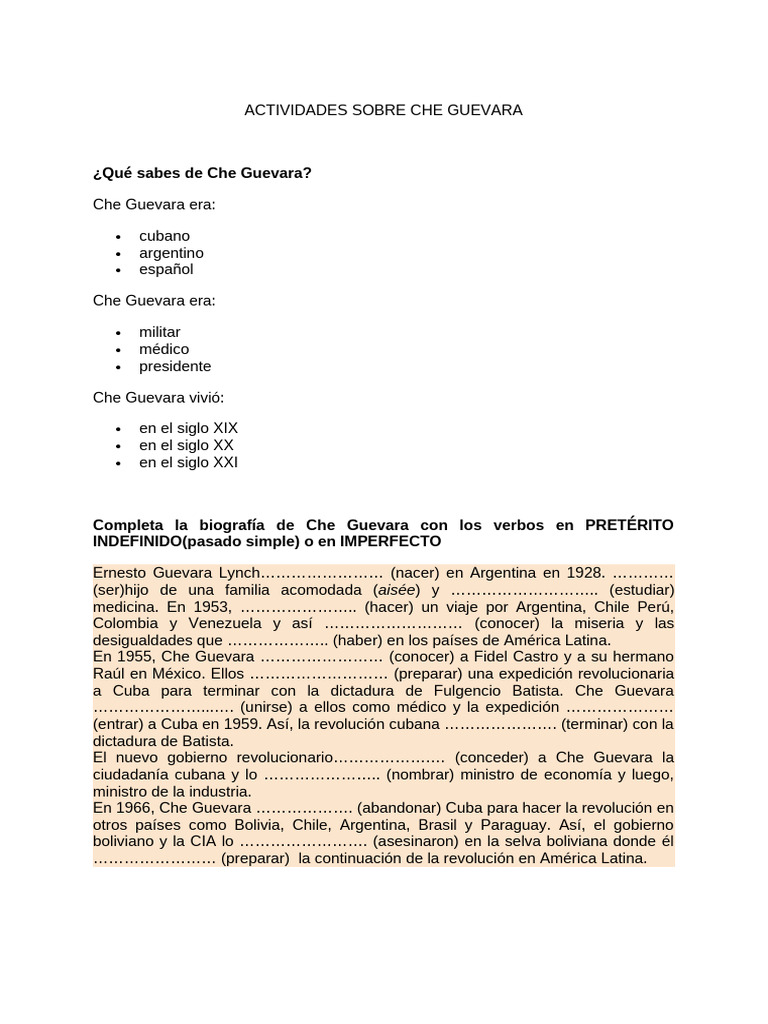 Actividades Sobre Che Guevara | PDF | Che Guevara | Cuba