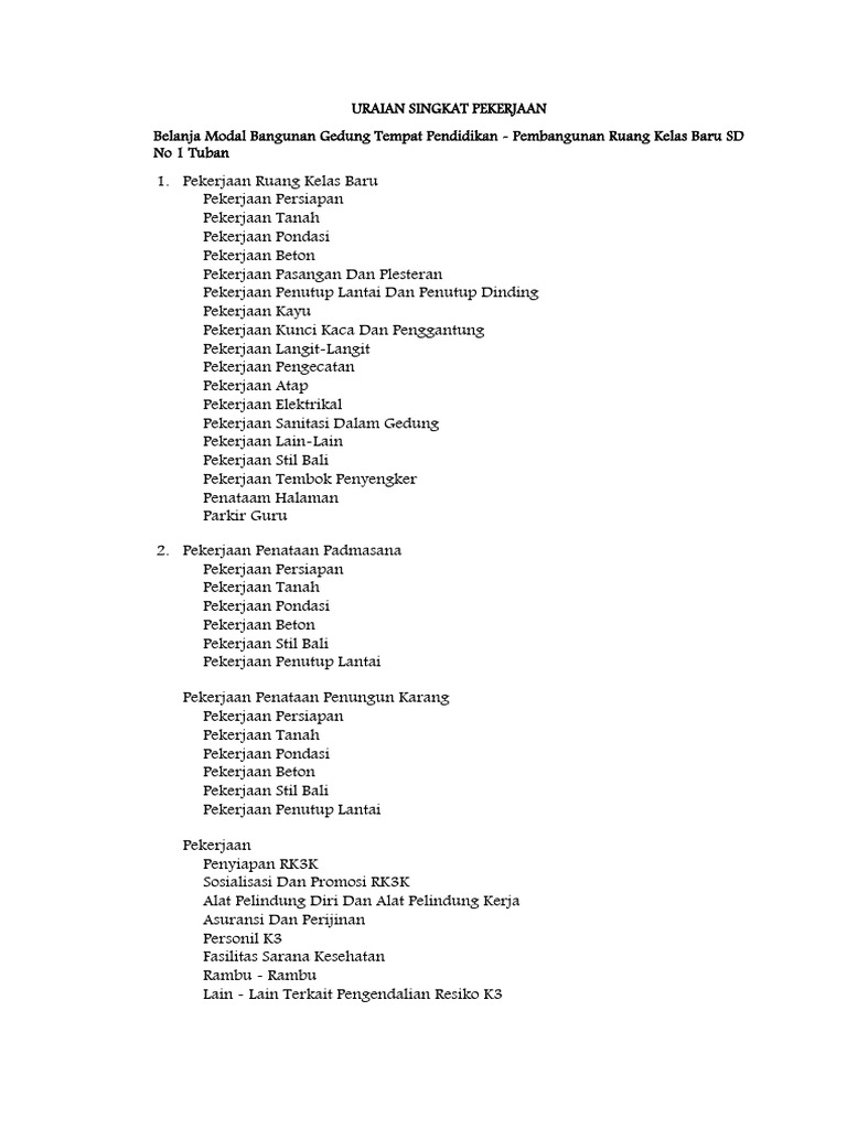 Uraian Singkat Pekerjaan SD 1 Tuban | PDF