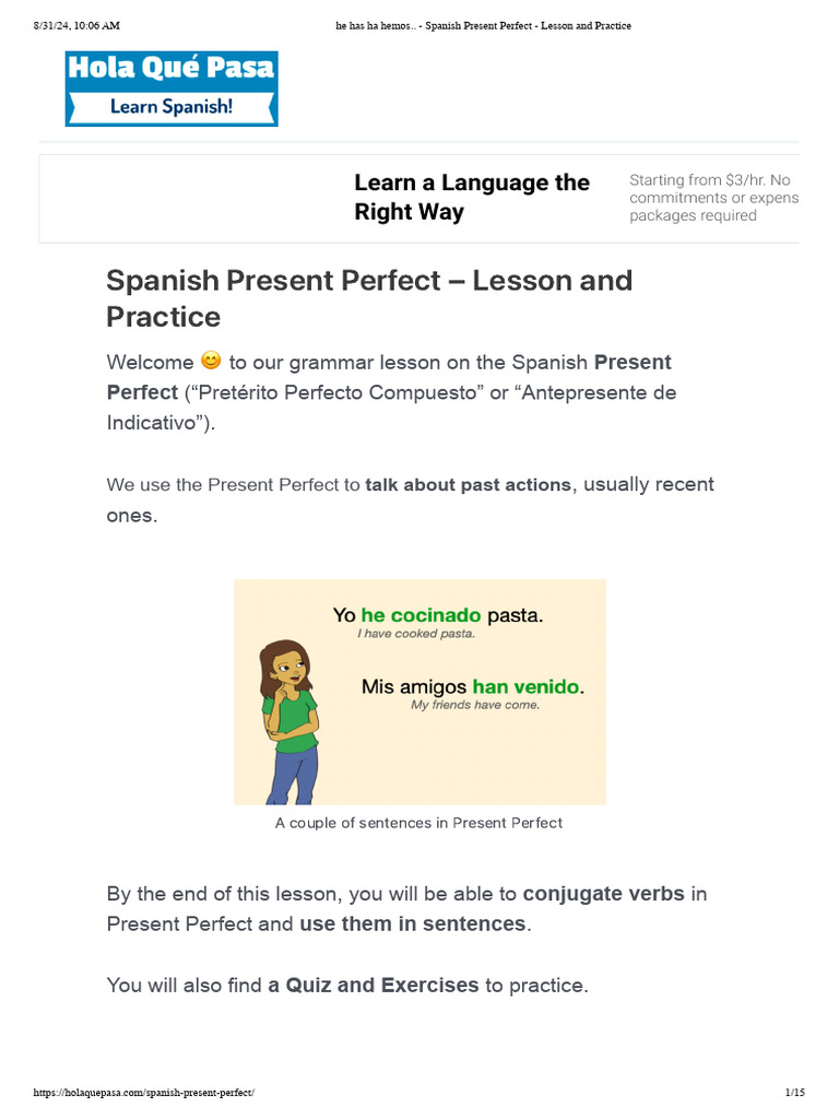 Spanish Present Perfect Guide | PDF | Perfect (Grammar) | Verb