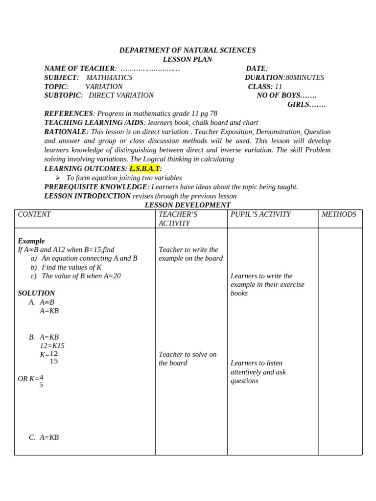 Direct Variation Lesson Plan for Grade 11 | PDF | Learning | Teachers