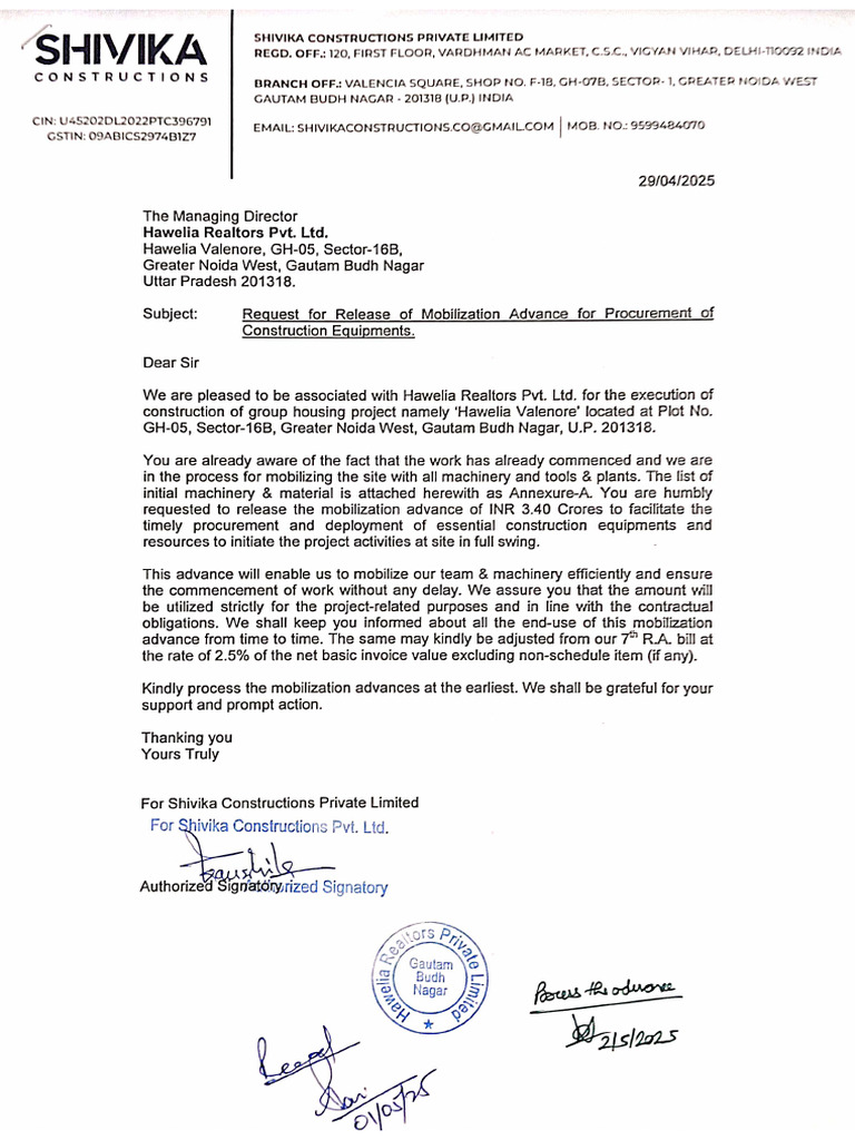 HRPL SCPL Mobilization Advance Request | PDF