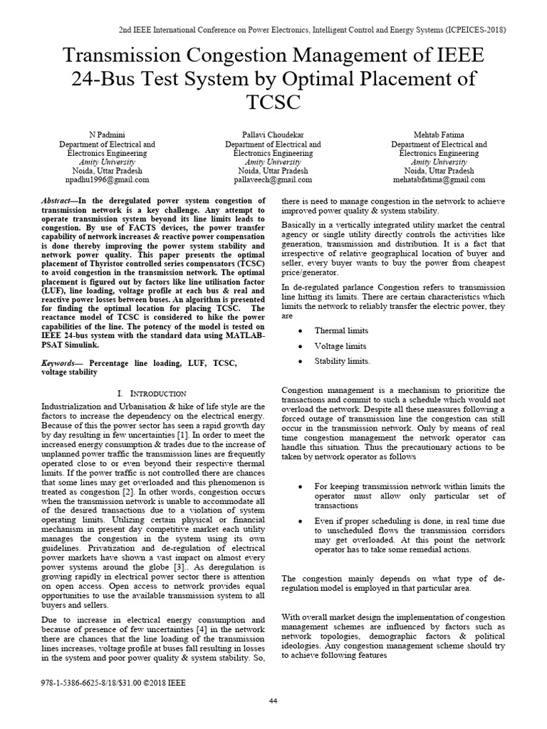 Transmission Congestion Management Of Ieee 24 Bus Test System By Optimal Placement Of Tcsc Pdf