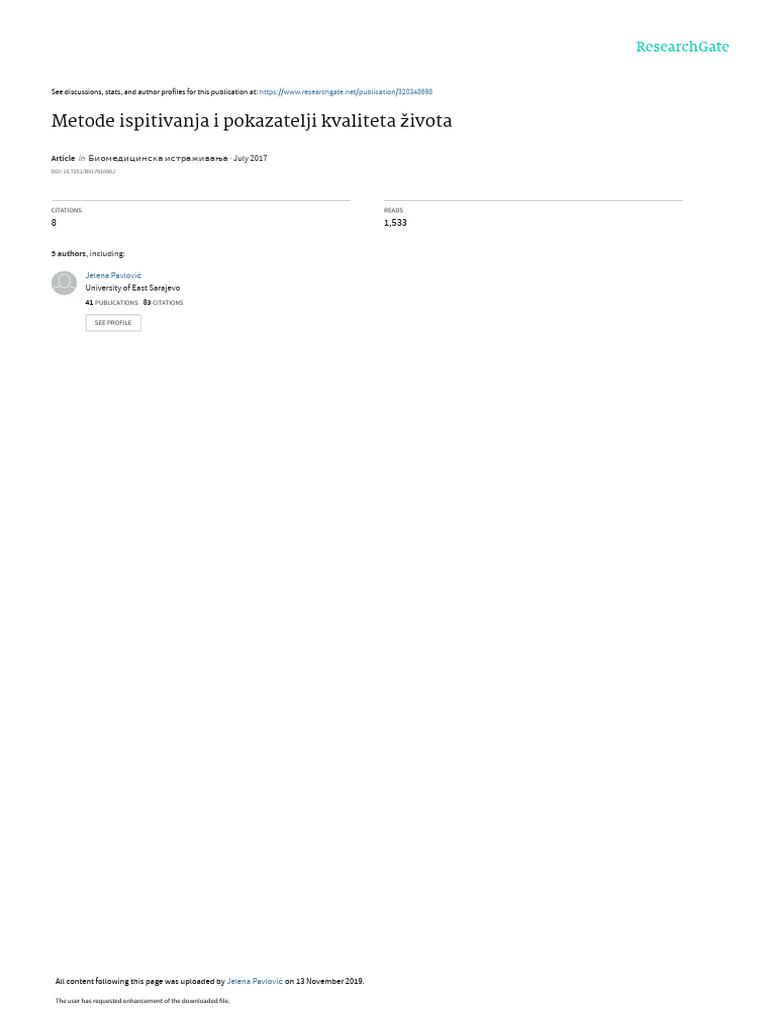 Metode Ispitivanja I Pokazatelji Kvaliteta Zivota | PDF