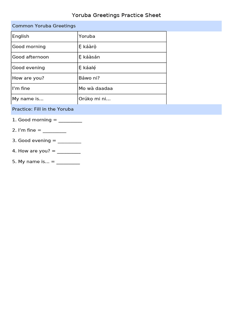 Yoruba Greetings Practice Sheet | PDF