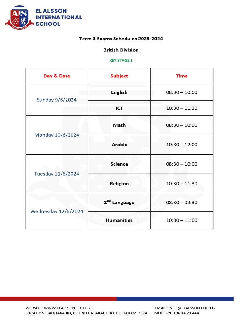 Term 3 Exam Schedule 2023-2024 | PDF