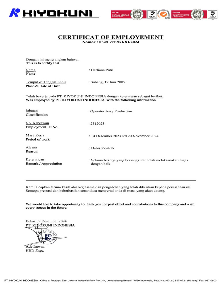 Paklaring PT Kiyokuni Indonesia - 00 | PDF