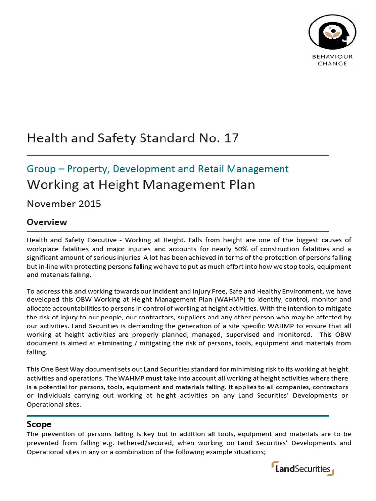 Working at Height Management Plan | PDF | Occupational Safety And ...