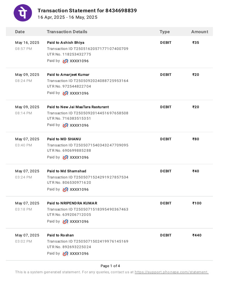 PhonePe Statement Apr-May 2025 | PDF | Debit Card | Debits And Credits