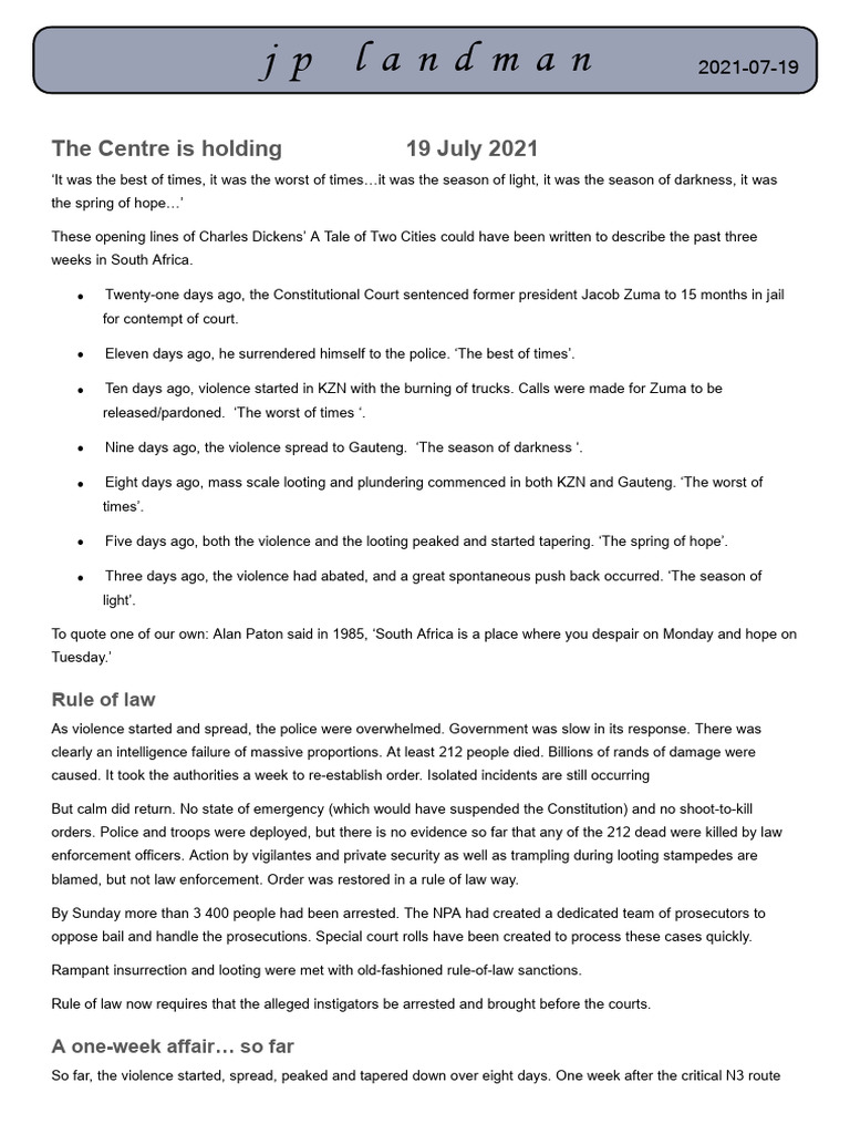 2021-07-19.JP Landman - The Centre is holding | PDF | Jacob Zuma