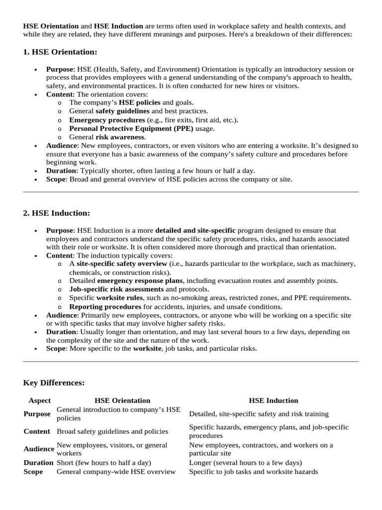HSE Orientation vs. Induction Explained | PDF | Risk | Safety