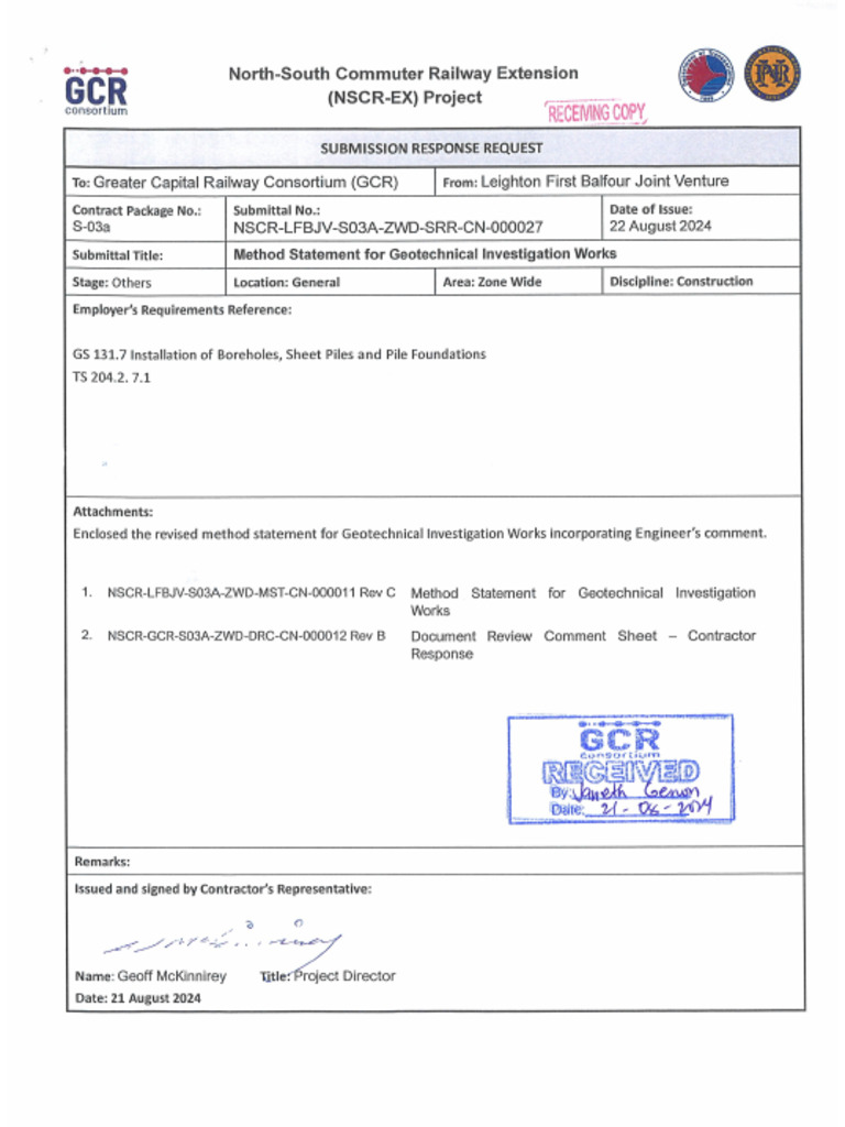 2024 08 21 S03A-SRR-CN-000027 Method Statement for Geotechnical Investigation Works | PDF | Deep ...