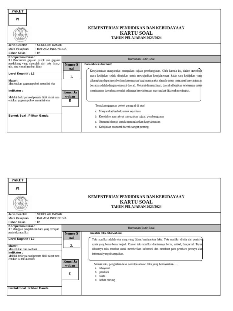 Kartu Soal Us BHS Indonesia Kelas 6 TP 2023 | PDF