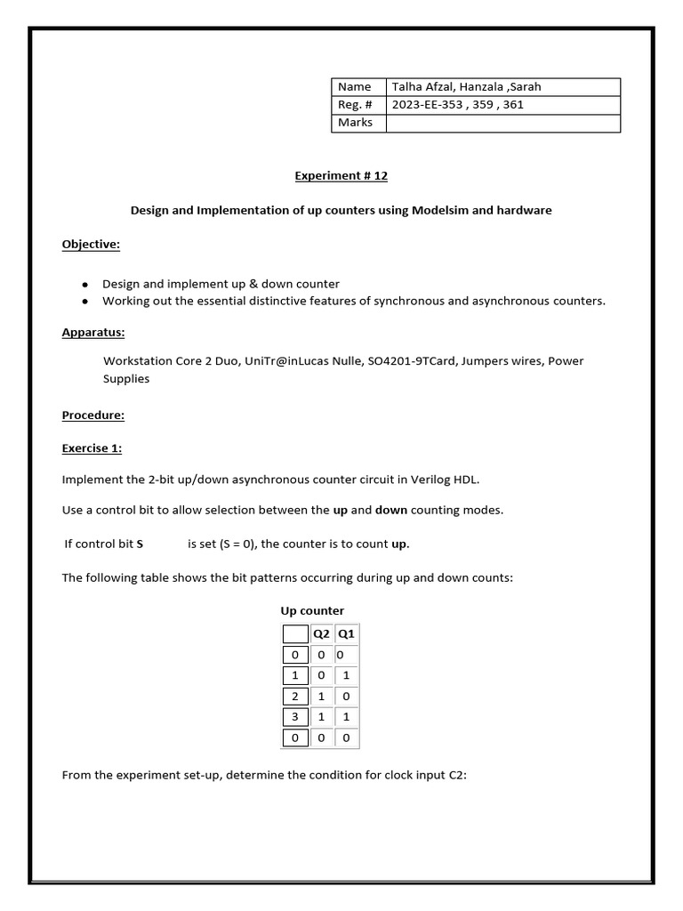 Experiment # 12 Design and Implementation of Up Counters Using Modelsim and Hardware Objective | PDF
