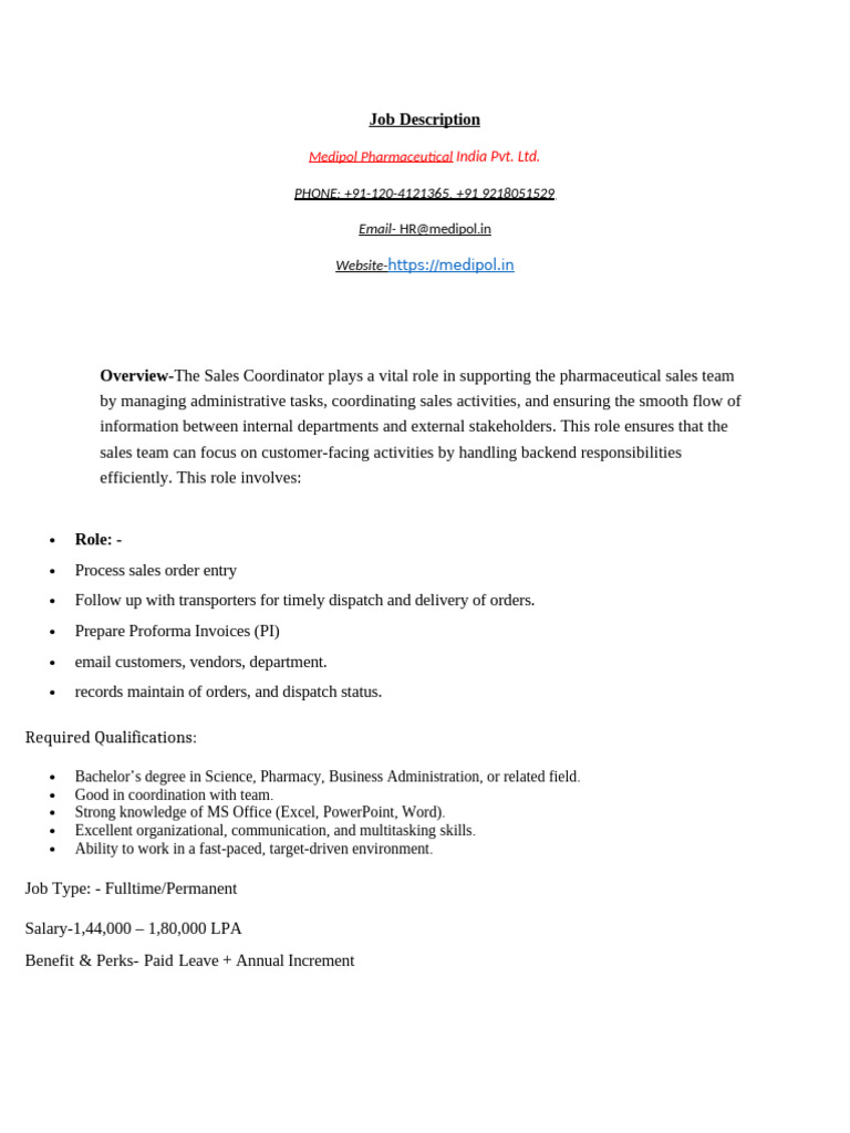 Job Description-Sales Coordinator | PDF