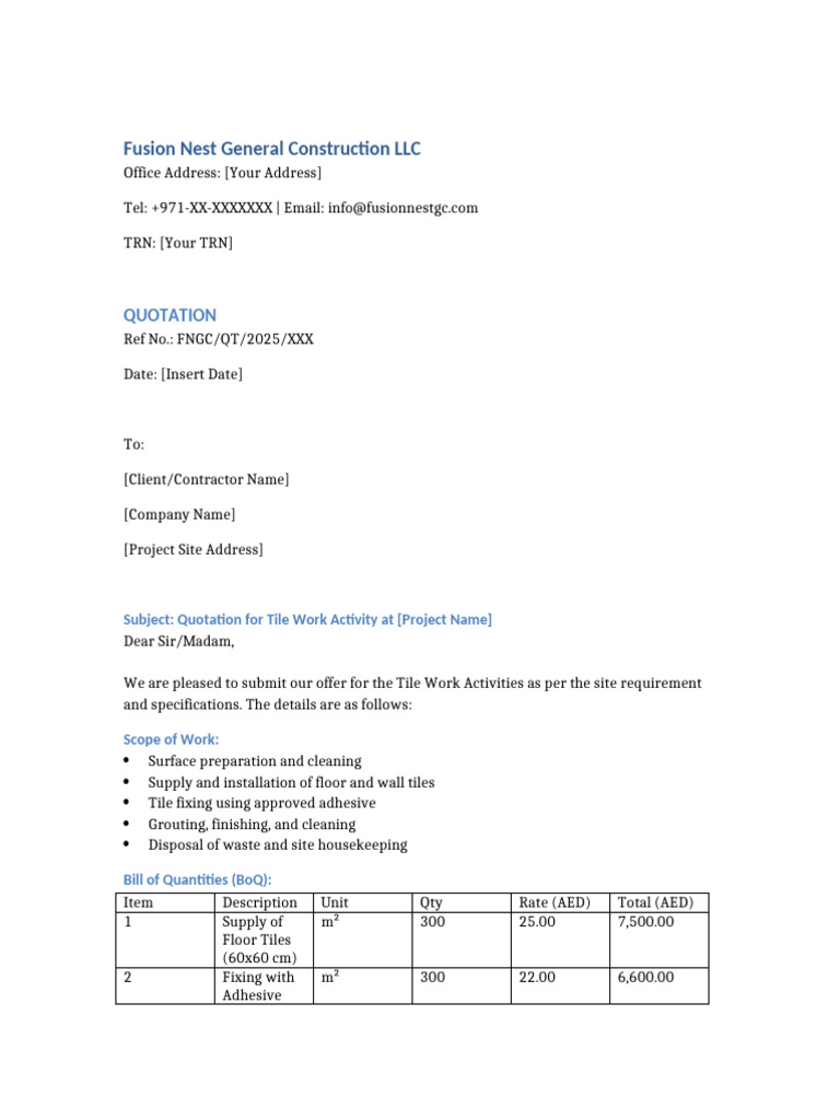 Tile Work Quotation Template | PDF