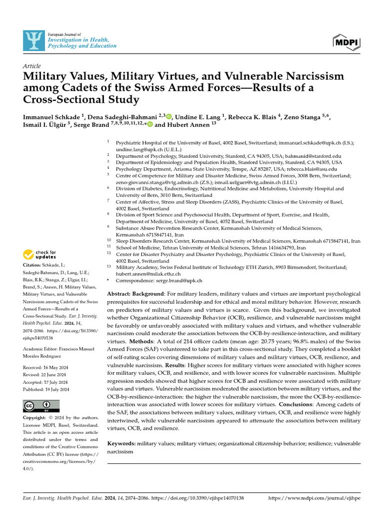 Military Values, Military Virtues, and Vulnerable Narcissism Among Cadets of The Swiss Armed ...