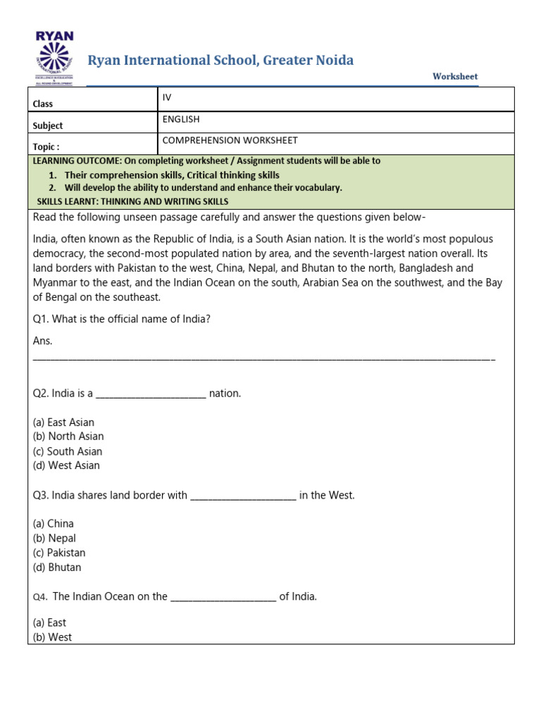 Class 4 Comprehension Worksheet | PDF