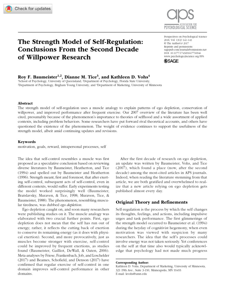 The Strength Model of Self-Regulation Conclusions From The Second ...