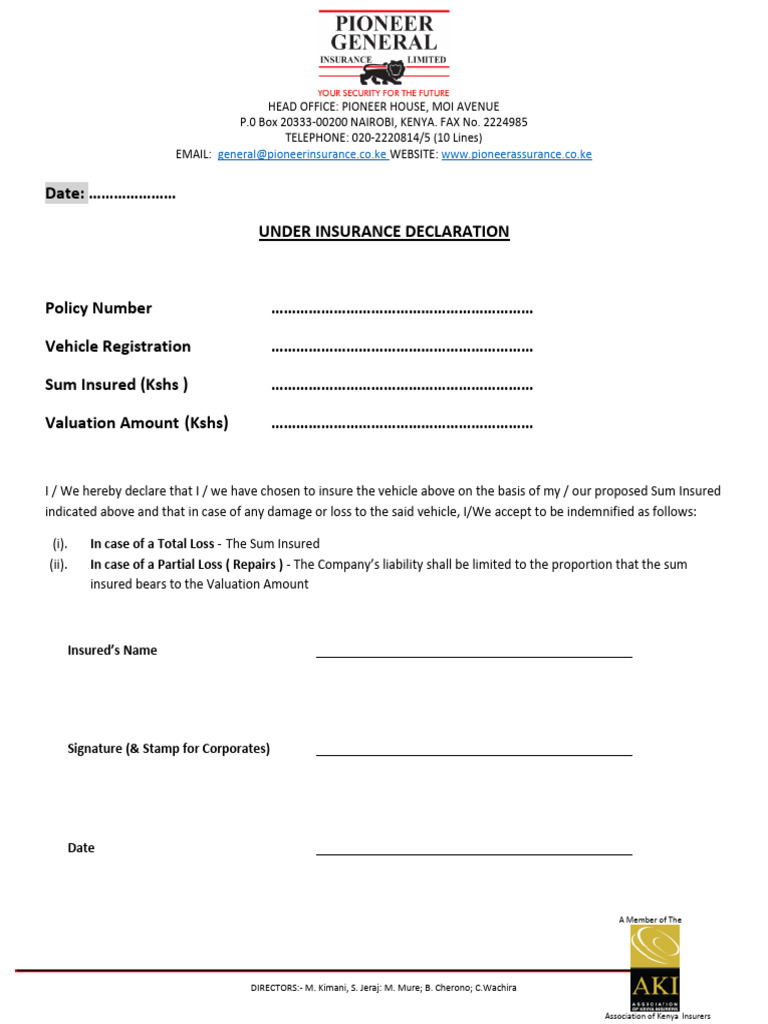 Under Insurance Declaration Form. | PDF