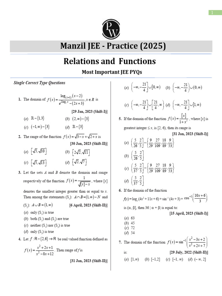 6758066825fe64e07eb25788 - ## - Relations and Functions PYQ Sheet (Questions) Manzil JEE 2025 ...