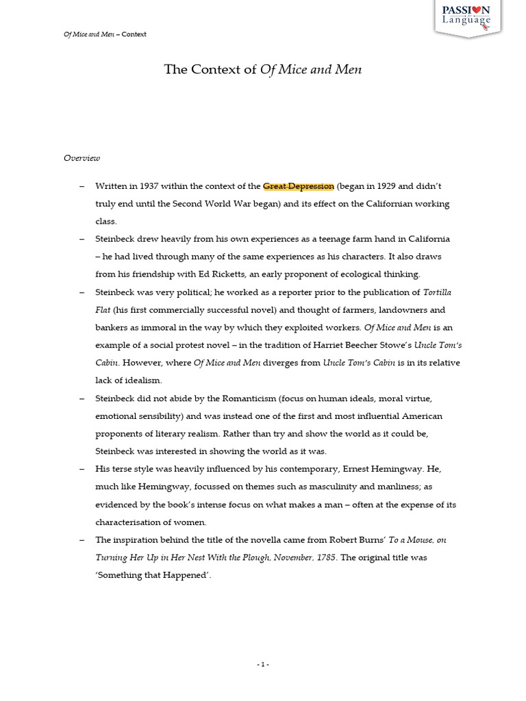 Of Mice and Men - Context | PDF | John Steinbeck