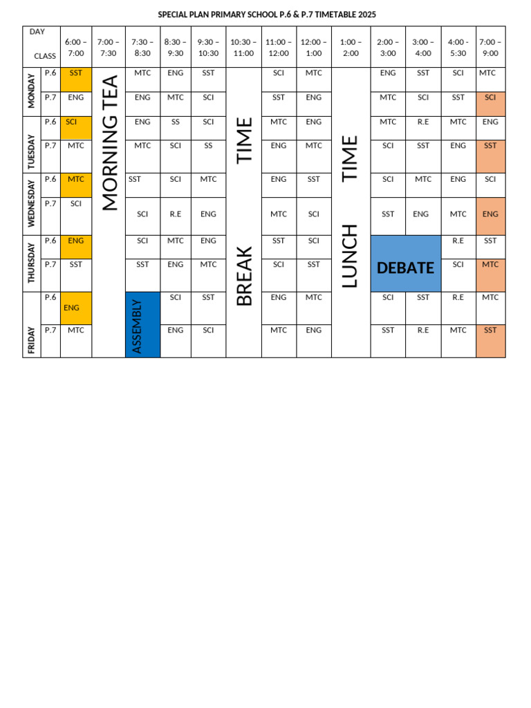Primary School Timetable P.6 &P.7 For 2025 | PDF