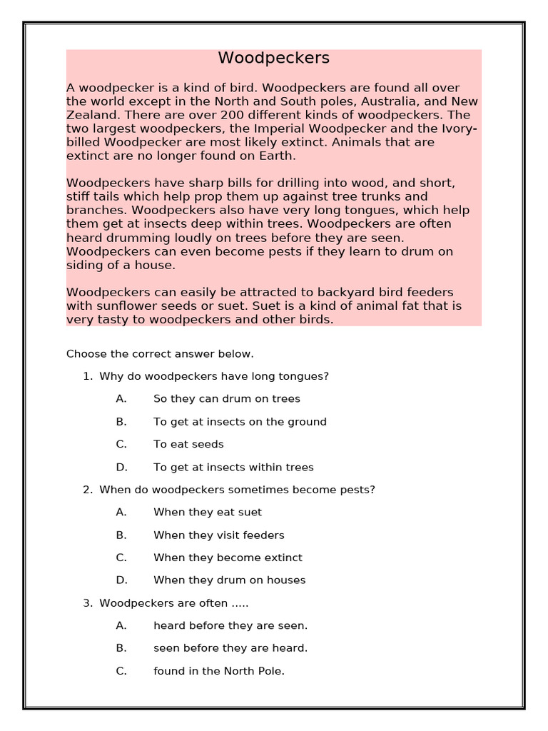 Woodpeckers-Reading-Comprehension | PDF