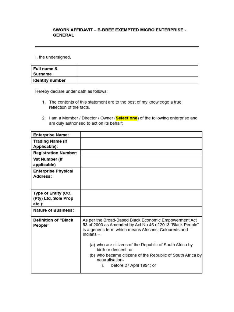 BEE - Affidavit-EME-Gen - Requirements For EME Affidavit | PDF ...