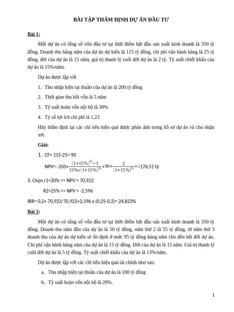 Bai Tap Tham Dinh Du An Dau Tu | PDF