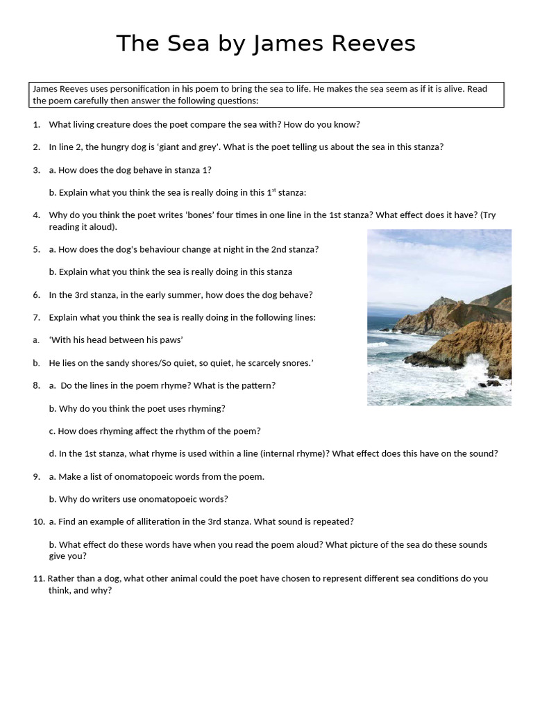 Questions on "The Sea" by James Reeves | PDF
