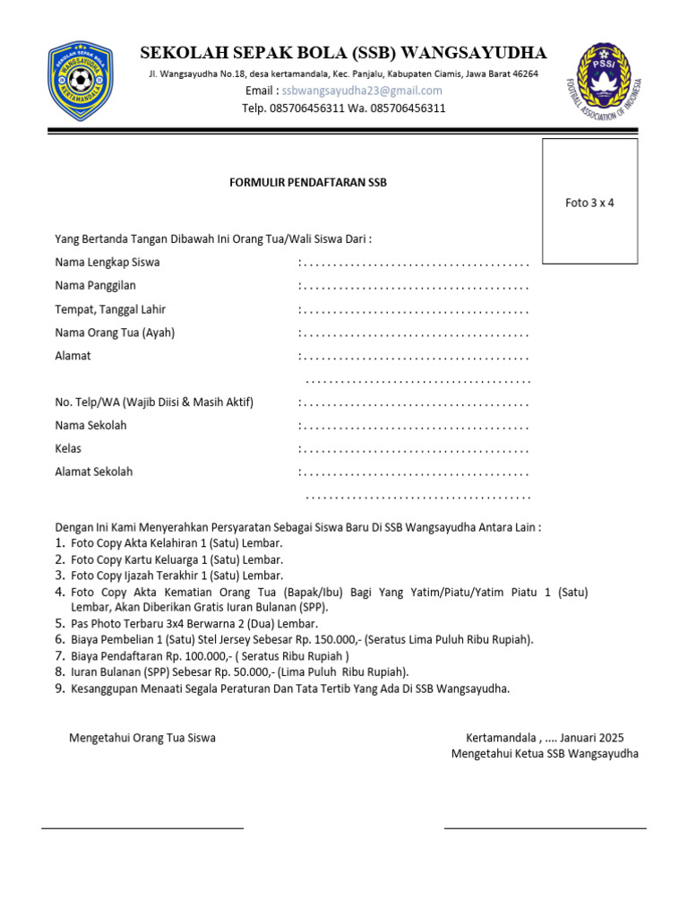 Formulir Pendaftaran SSB Wangsayudha 2025-2026 | PDF