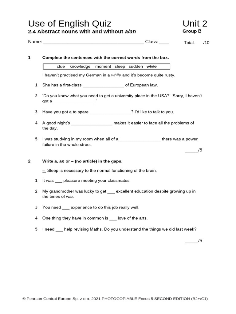 Focus5 2E Use of English Quiz Unit2.4 GroupB 1kol | PDF