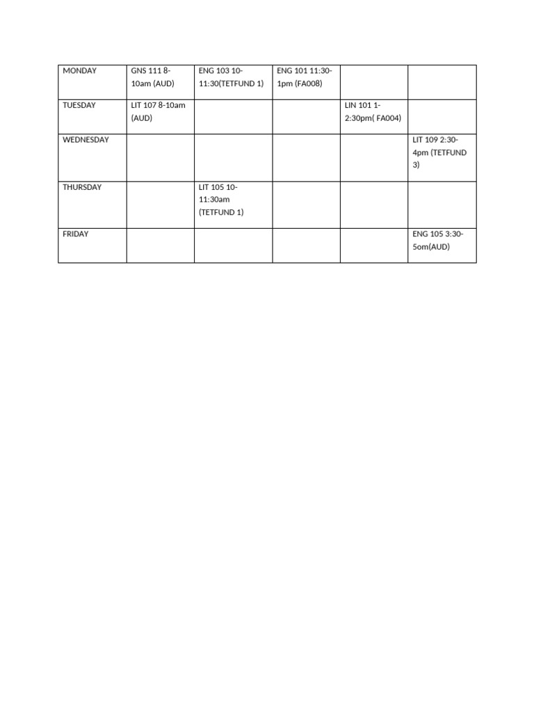 Department of English 100lvl First Semester Timetable | PDF