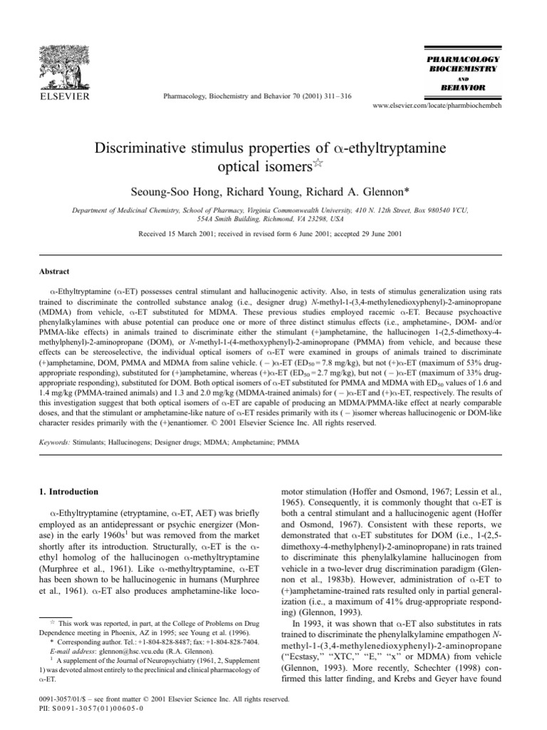 Alpha Ethyltryptamine - Optical.isomers | PDF | Mdma | Stimulant