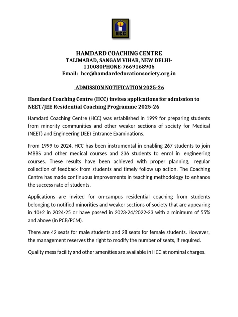 Hamdard NEET Coaching Admission 2025-26 | PDF | Qualifications ...