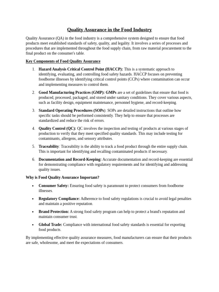 Food Quality Assurance Overview | PDF | Food Safety | Quality Assurance