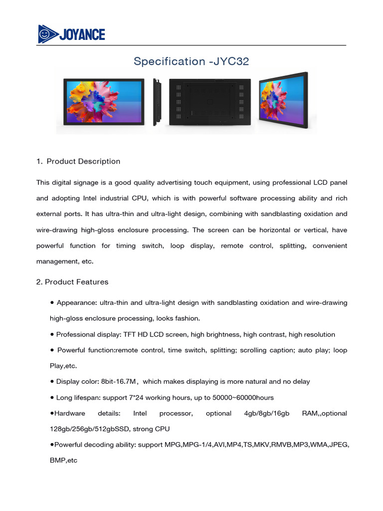 Datasheet of 32 Inch PCAP Touch Wall Mounted Digital Signage-Windows ...