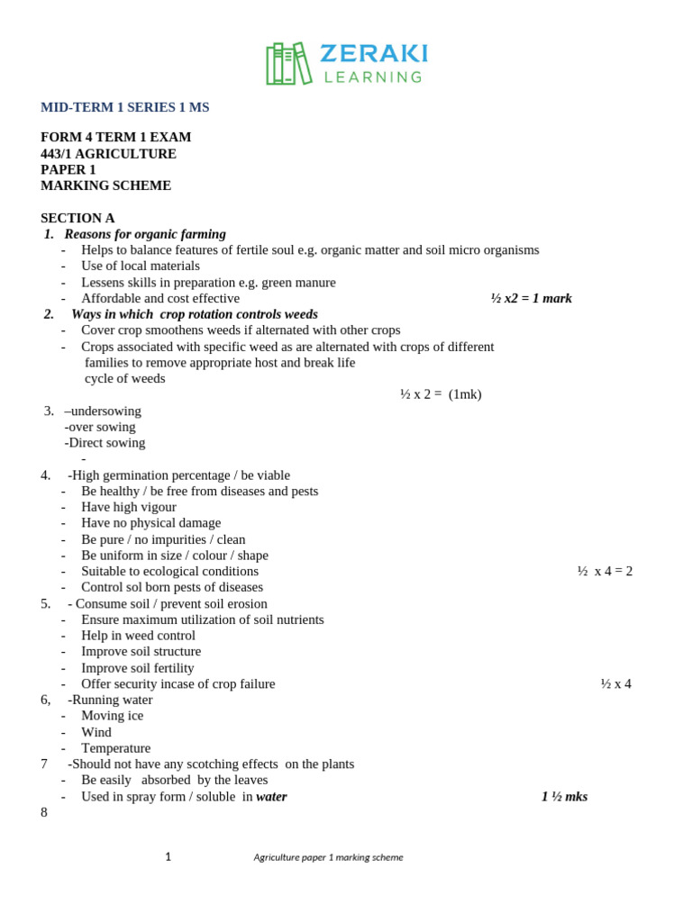 Zeraki - Agriculture Form 4 Paper 1 - Marking Scheme | PDF | Soil ...