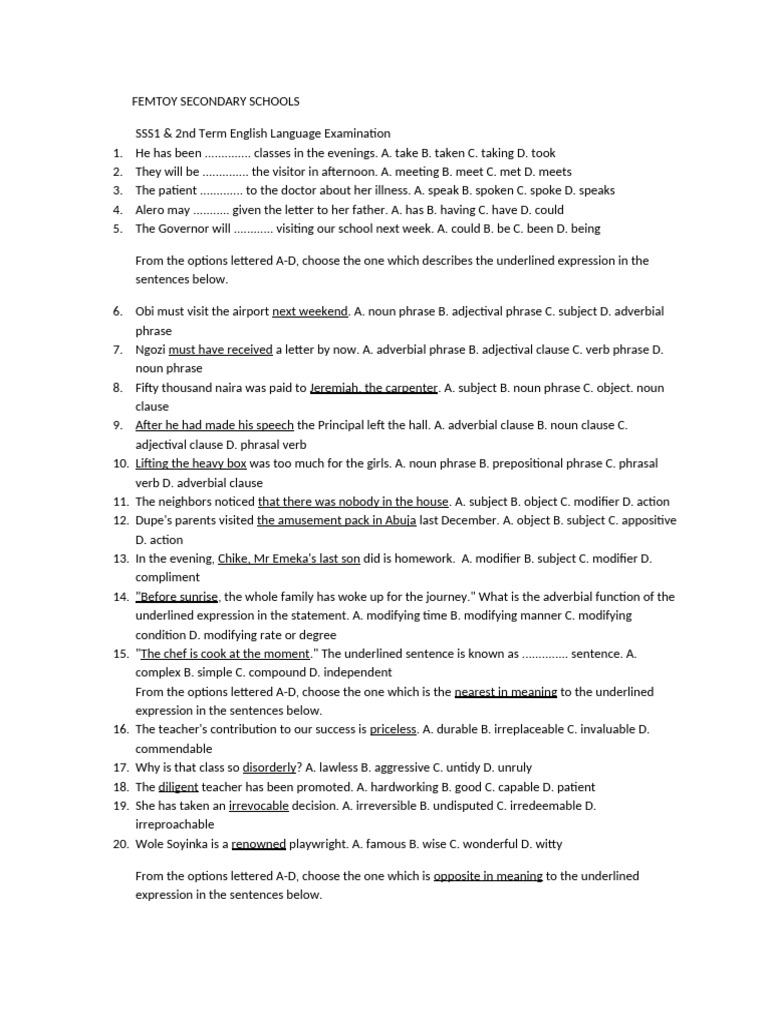 FEMTOY SSS1 2nd Term English Examination-WPS Office | PDF | Adjective ...